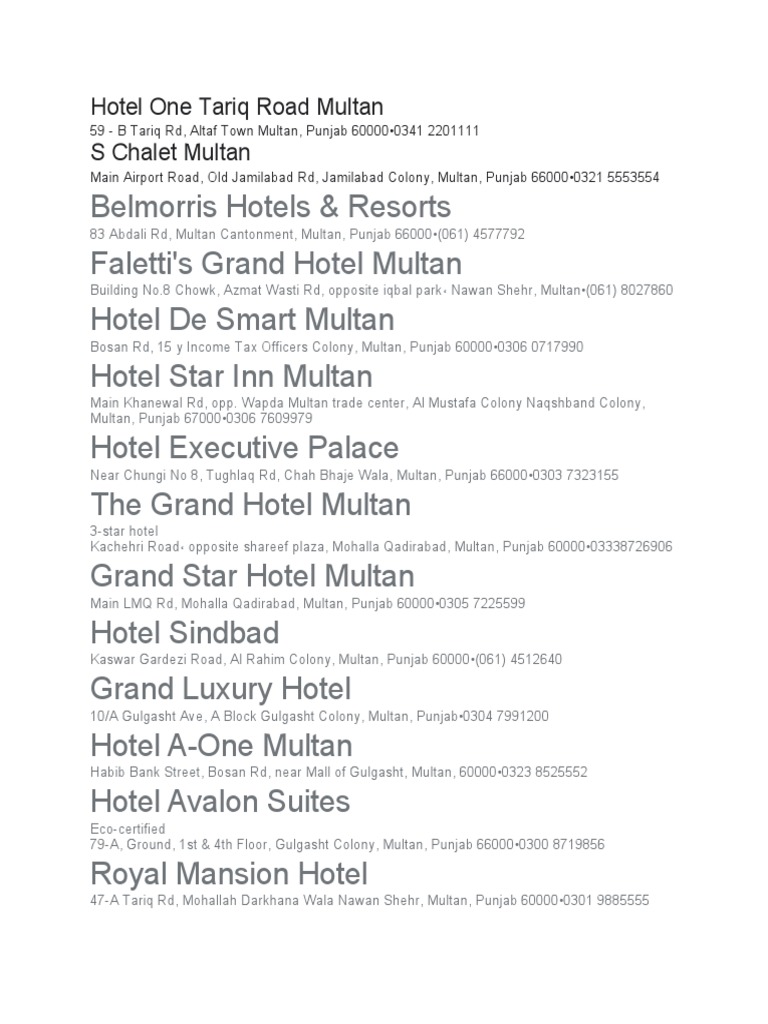 Multan Hotel Directory and Contacts | PDF