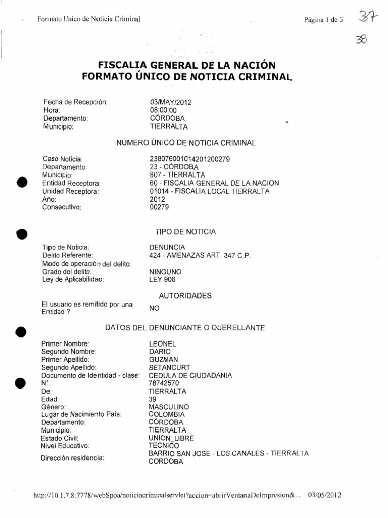 Fiscalia General La Nación Formato Único Noticia Criminal Descargar