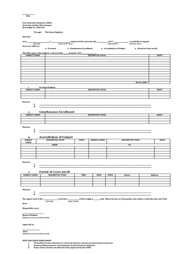 Request for Overload, Simultaneous Enrollment, Subject Accreditation ...