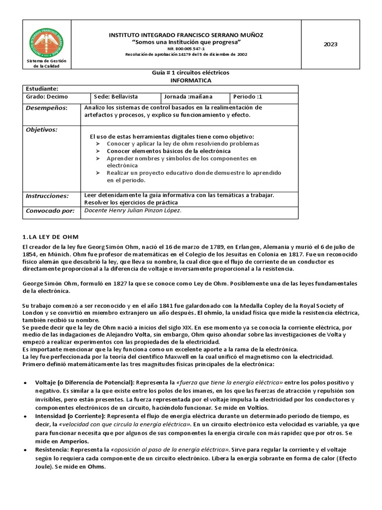 Decimo Guia 1 Ley de Ohm 2023 | PDF | Electricidad | Corriente eléctrica
