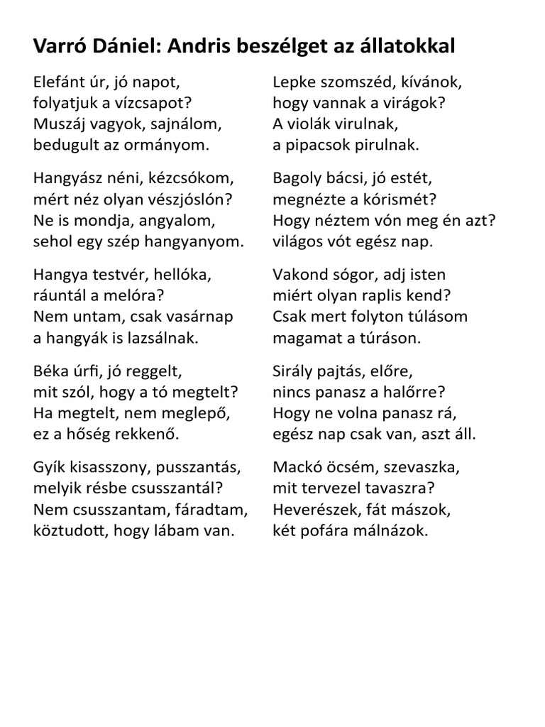 Varró Dániel: Andris Beszélget Az Állatokkal | PDF