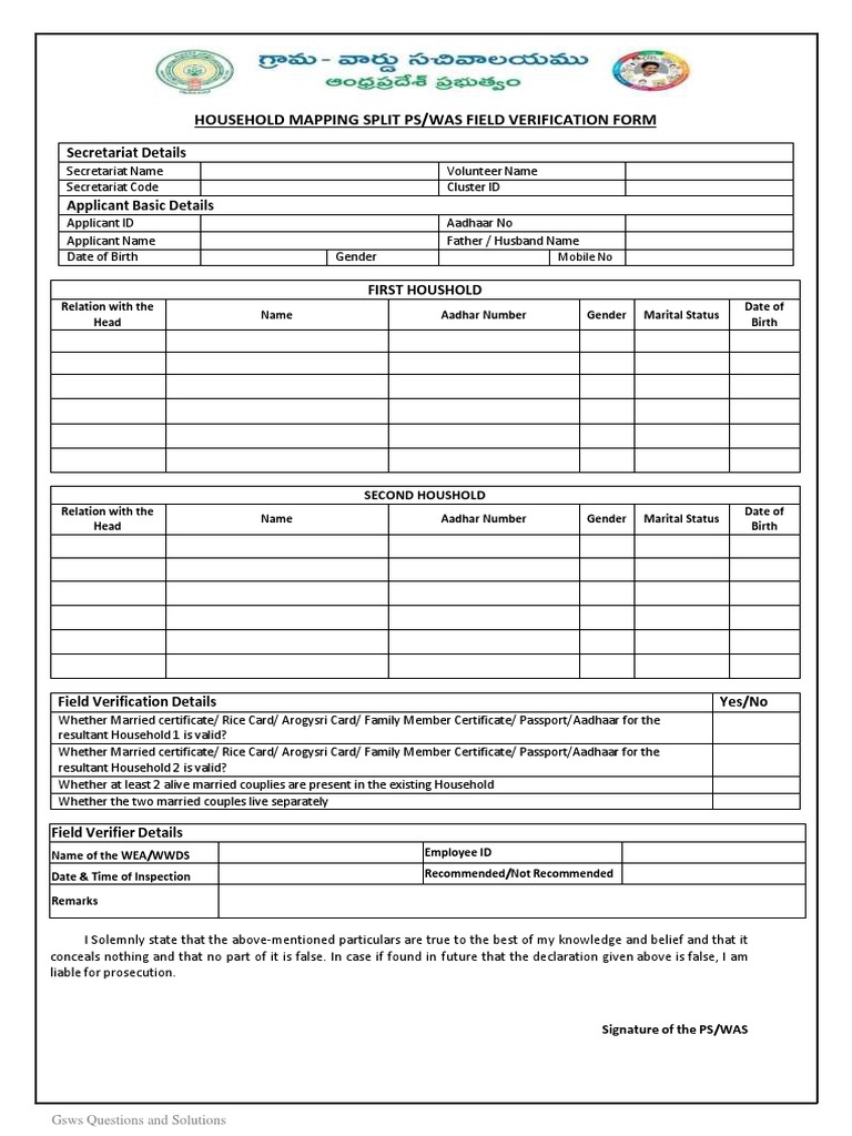 Household Mapping Split Ps/Was Field Verification Form: Secretariat Details | Download Free PDF ...