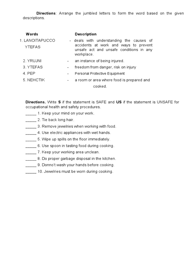Workplace safety word scramble and statements | PDF