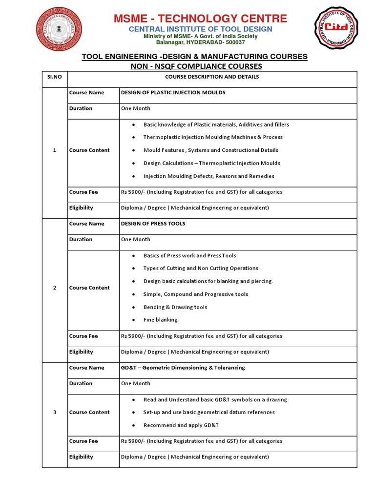 List of Tool Engg Courses | PDF | Numerical Control | Machining