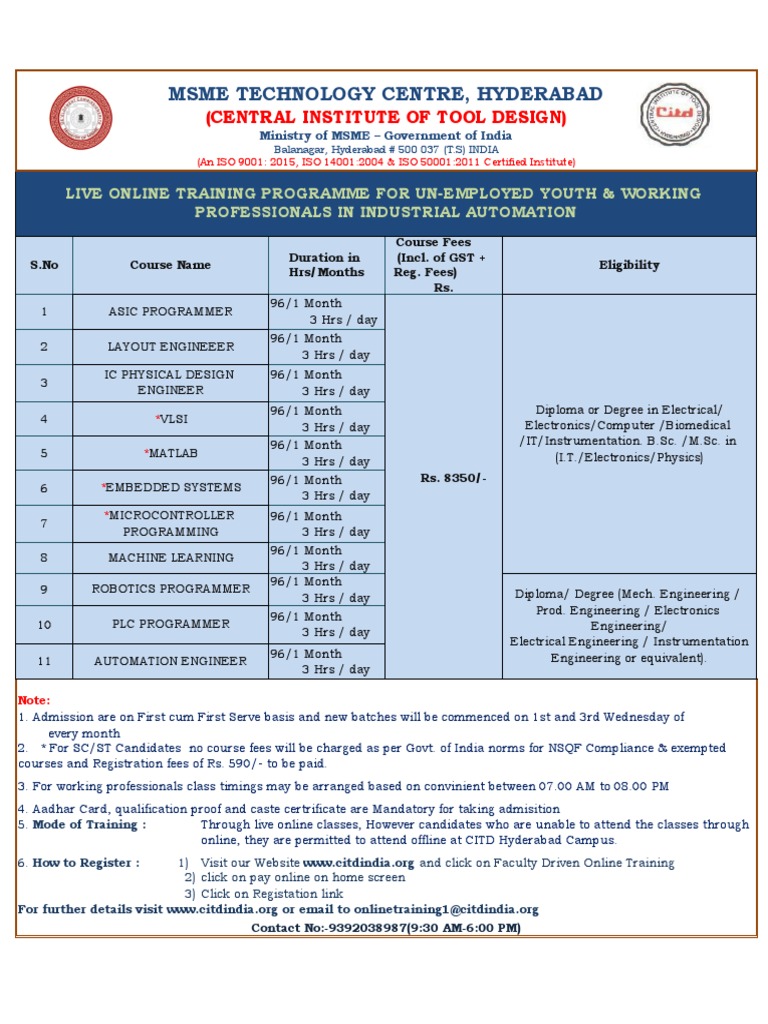 Msme Technology Centre, Hyderabad: (Central Institute of Tool Design) | PDF | Online And Offline ...