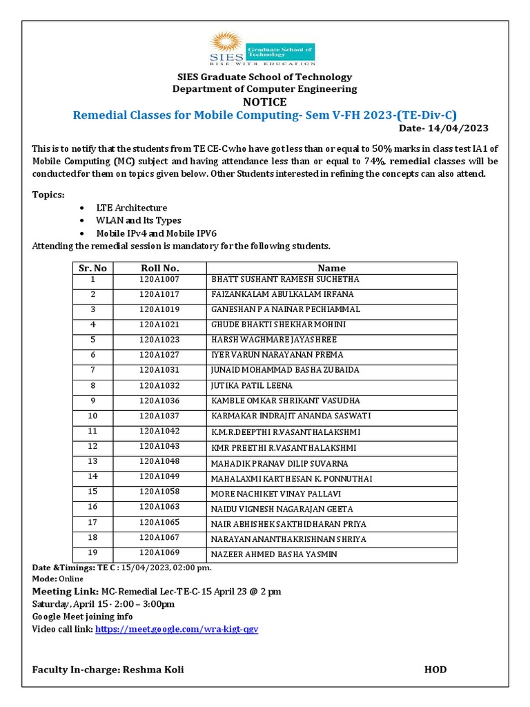 Remedial Lecture notice-MCC-TE-CE-Div C-FH 2023 | PDF | Networking Standards | Computing