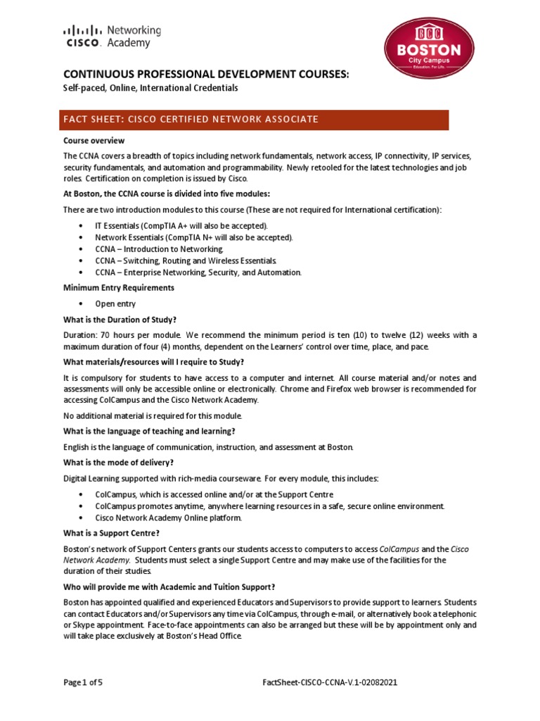 FactSheet CISCO CCNA V.1 02082021 | PDF | Cisco Certifications | Computing