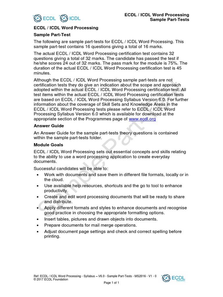 ECDL ICDL Word Processing - Syllabus - V6.0 - Sample Part-Tests ...