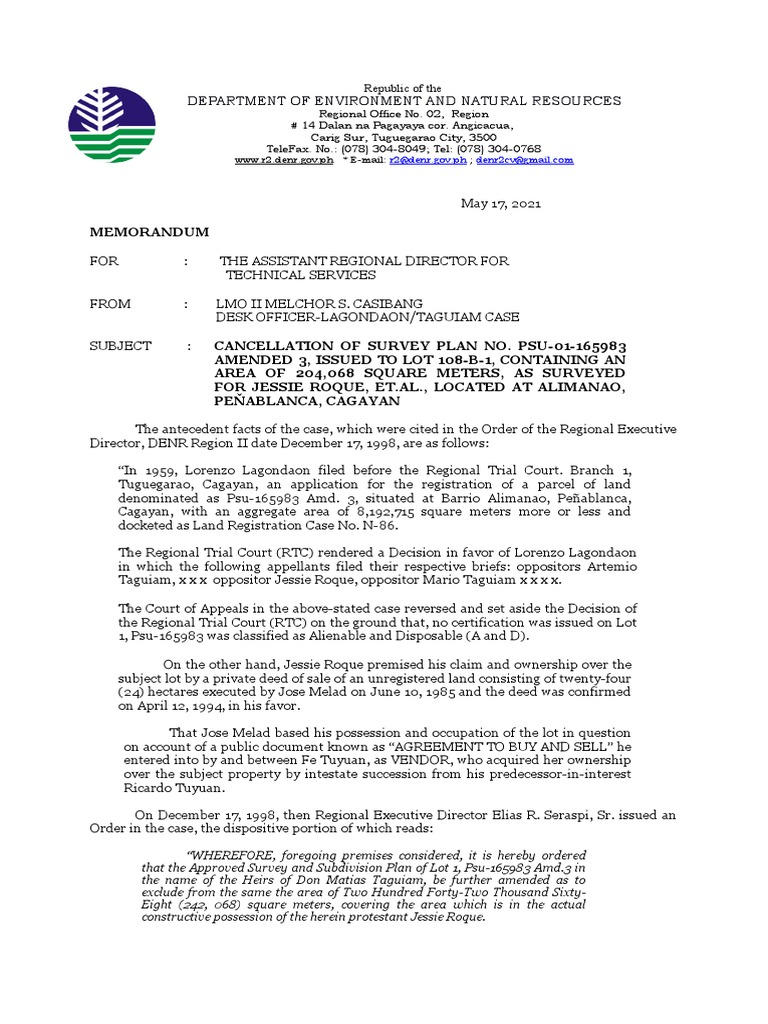 memo-O.P. CASE O.P. 10-A-053 CASE NO. 8341, LORETO SUYU, ET - AL. VS. JESSIE ROQUE ...