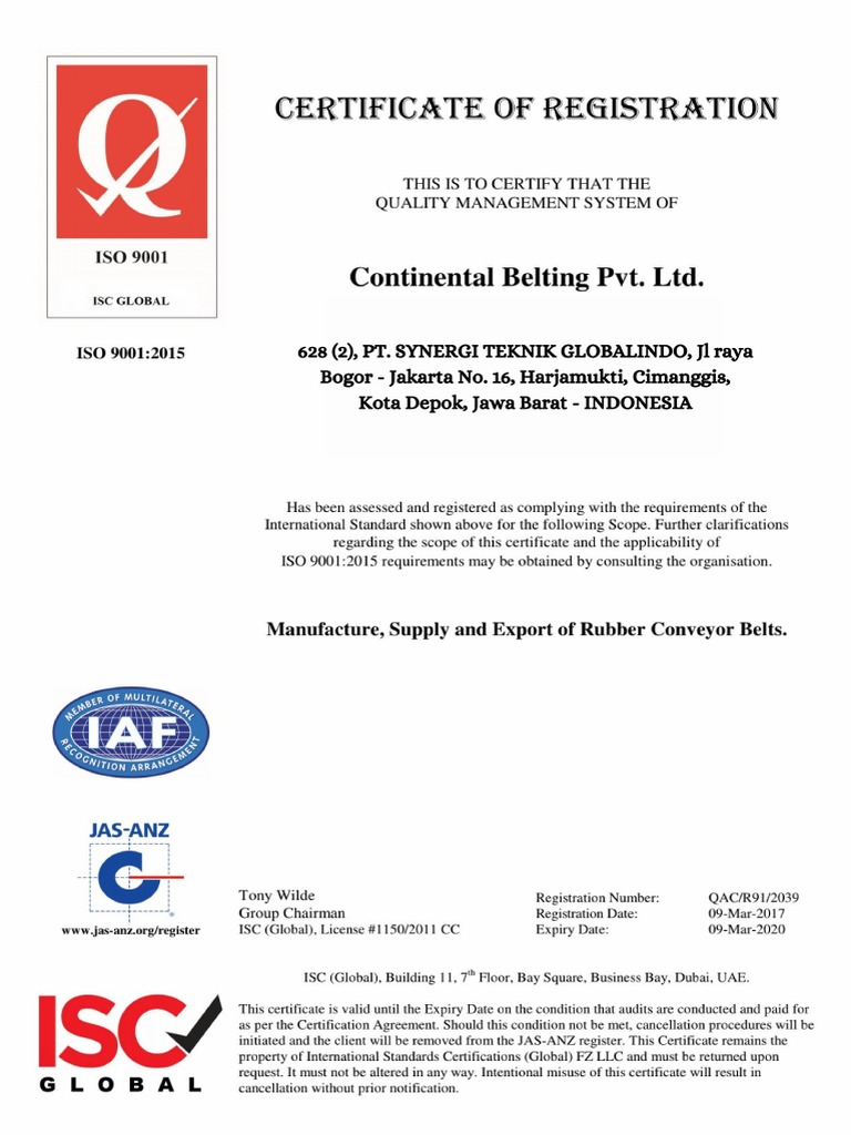 Iso-Certificate Countenental Belting | PDF