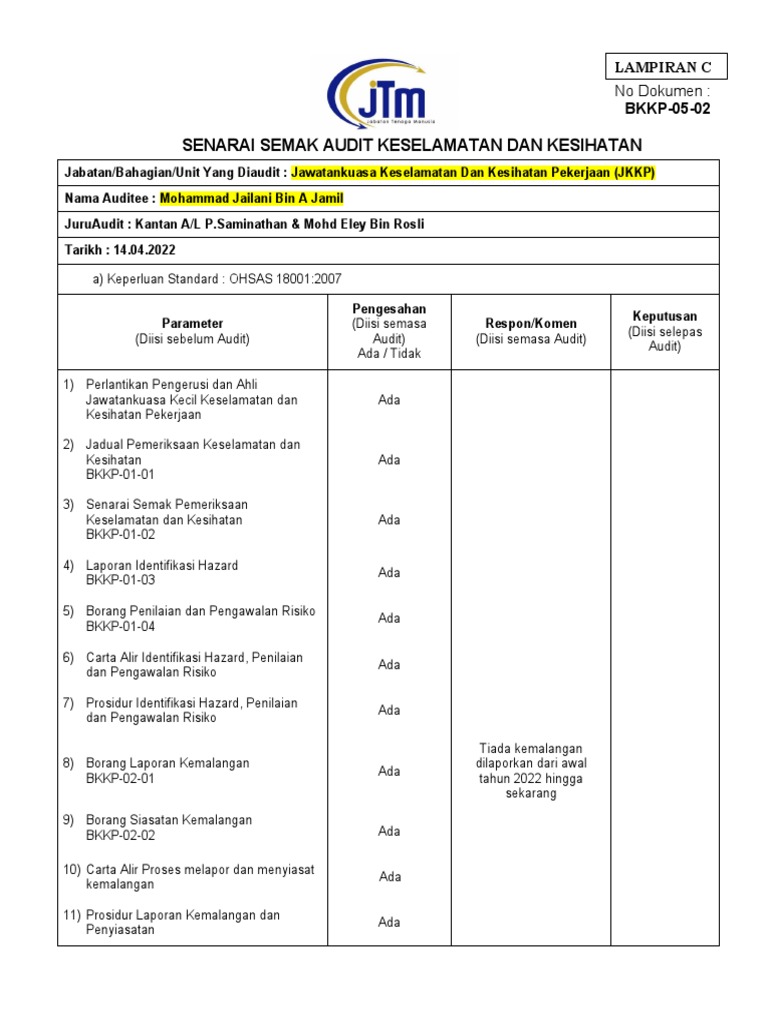 SENARAI SEMAK AUDIT 2022 (LAMPIRAN C) Eley&Kantan | PDF