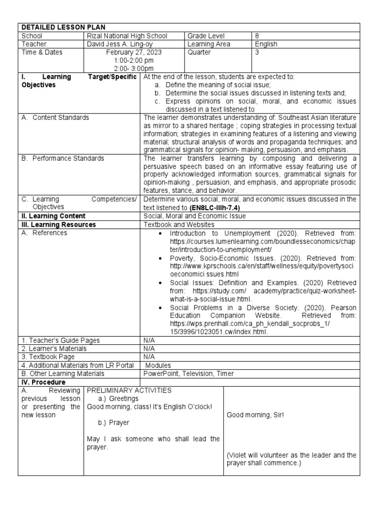 DLP February 27 Social Issue | PDF | Learning | Unemployment