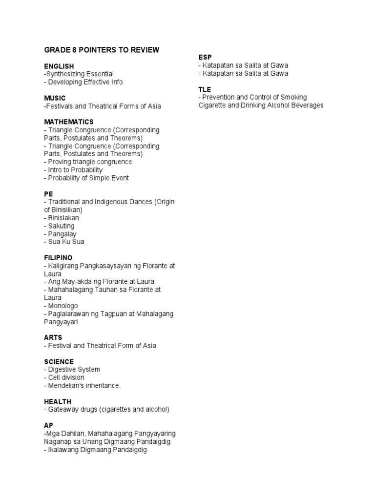 Grade 8 Pointers To Review: English ESP | PDF