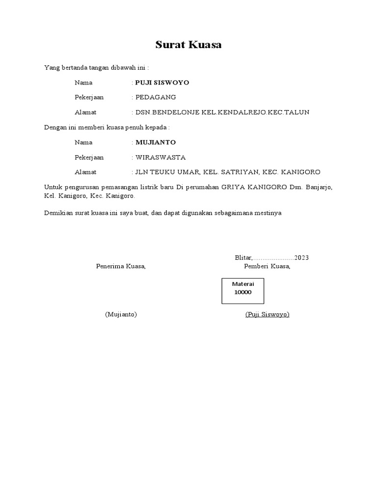 Contoh Surat Kuasa Pengurusan Listrik | PDF