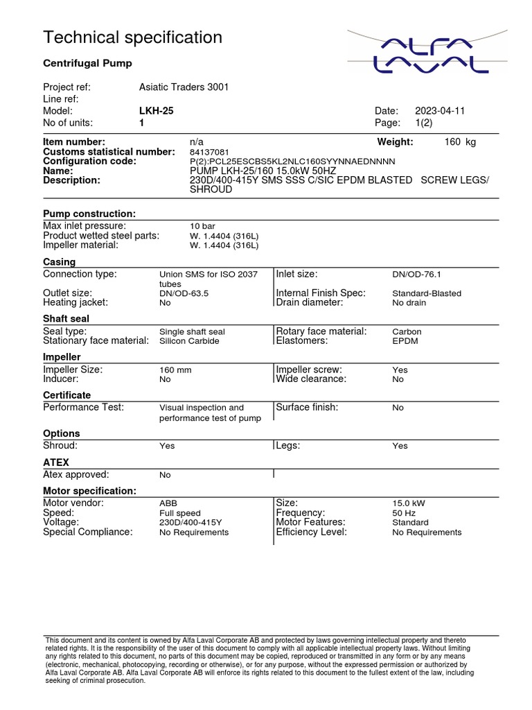 PUMP LKH-25 - 160 15.0kW 50HZ Tech Spec | PDF | Pump | Manufactured Goods