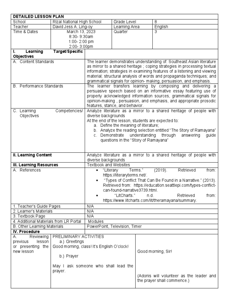 Module 4 DLP Literature Grade 8 | PDF | Learning | Teachers