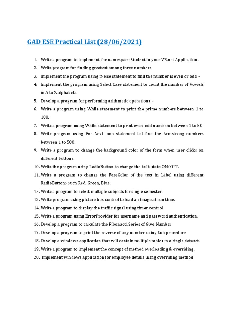 Gad Ese Practical List | PDF