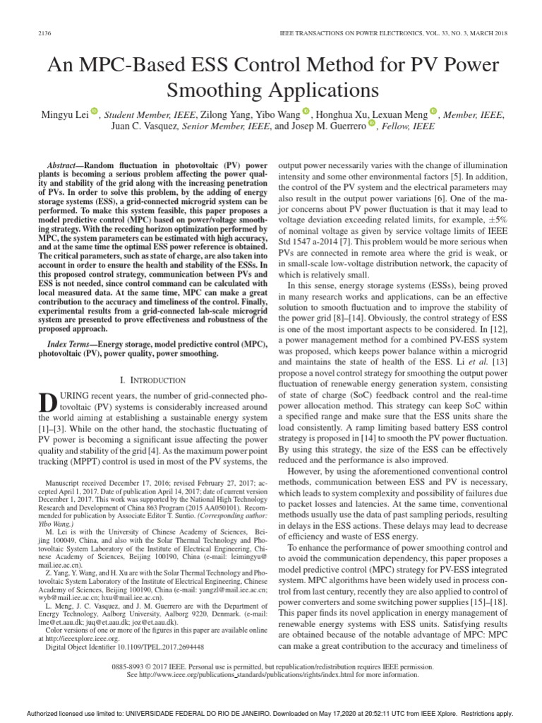 An MPC Based ESS Control Method For PV Smoothing Applications | PDF ...