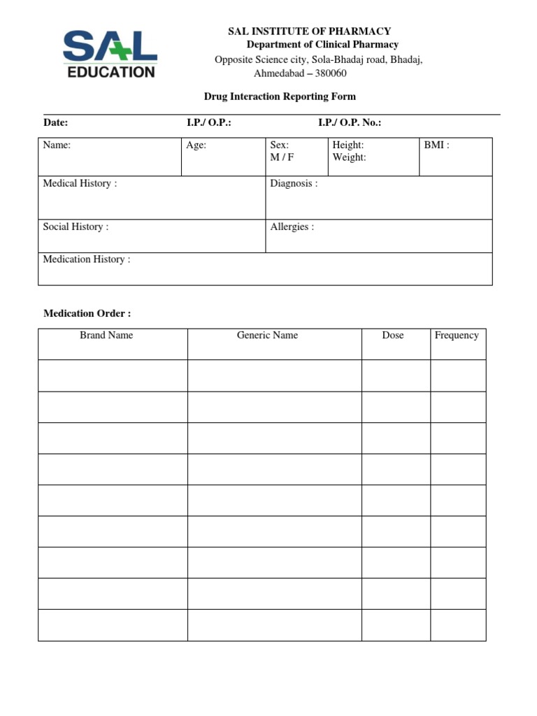 Drug Interactions Reporting Form | PDF | Chemistry | Dose (Biochemistry)