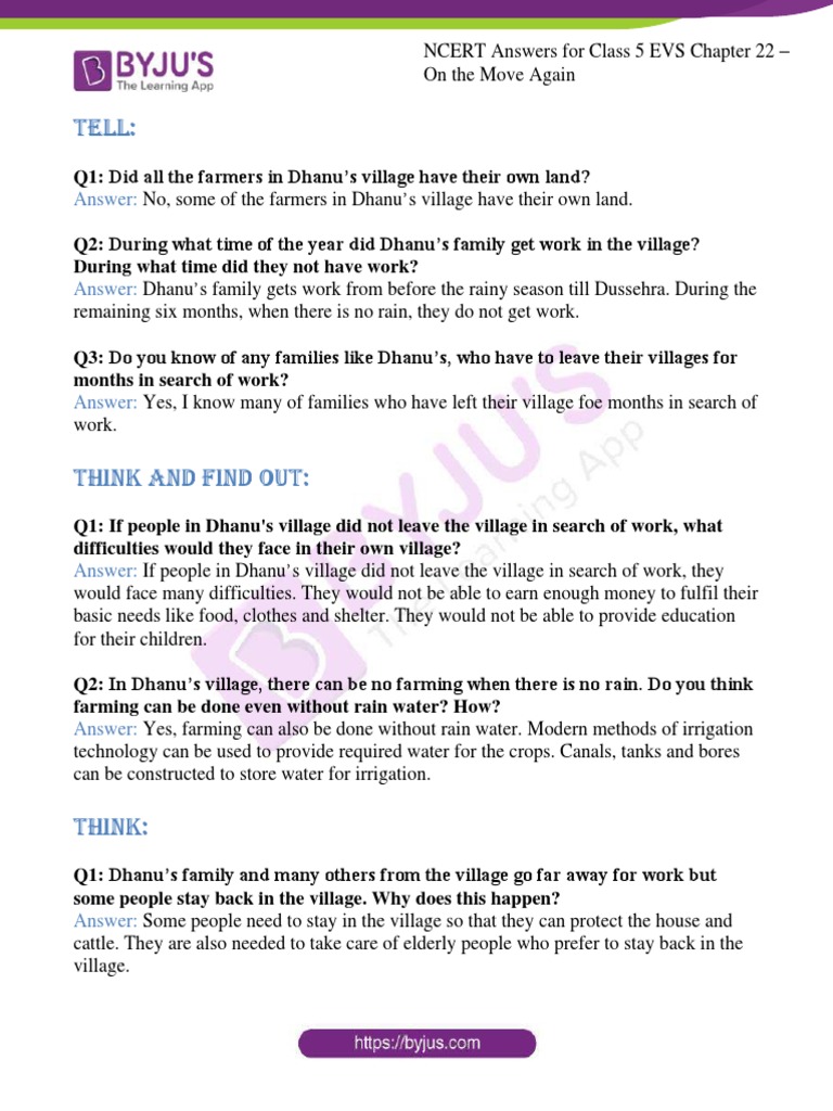 NCERT Answers For Class 5 EVS Chapter 22 On The Move Again | PDF