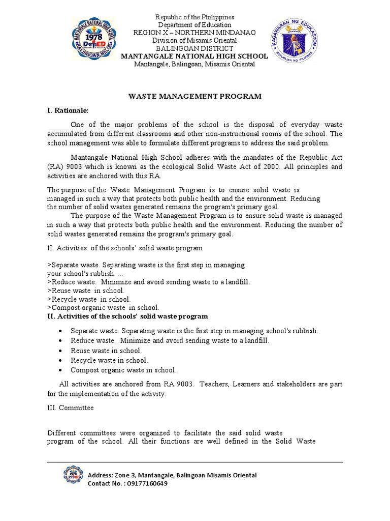 Waste Management Program I. Rationale:: Mantangale National High School ...
