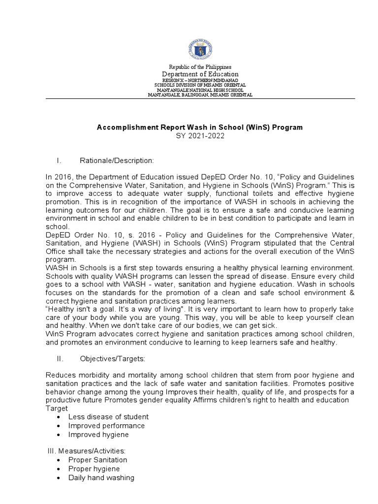 WinS Program Accomplishment Report 2021-2022 | PDF | Wash | Hand Washing