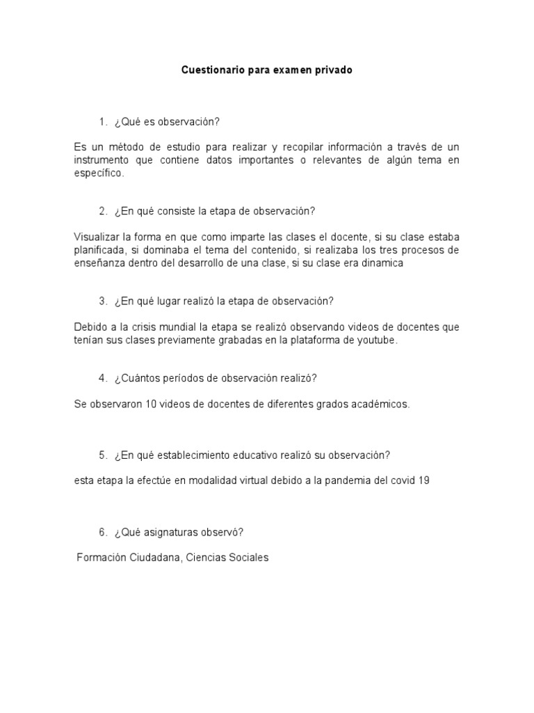 Cuestionario sobre Observación Docente | PDF | Evaluación | Aprendizaje