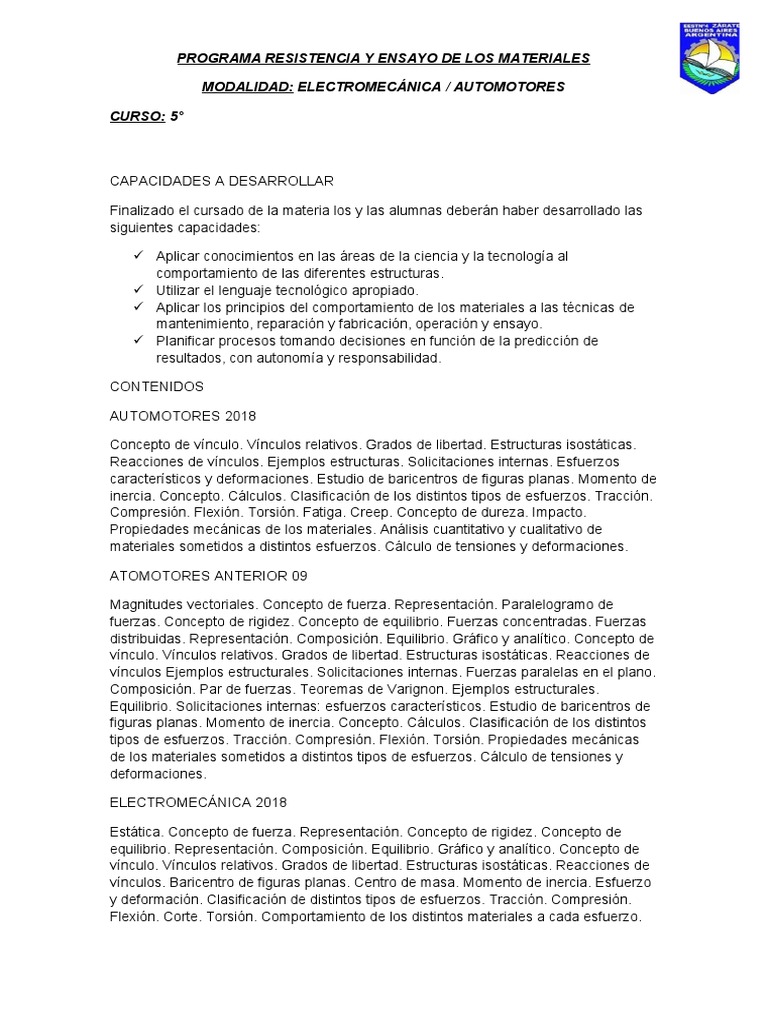 Programa Resistencia y Ensayo de Los Materiales T4 | PDF | Resistencia de materiales | Mecánica