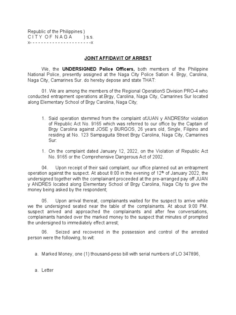 Joint Affidavit of Arrest | PDF | Affidavit | Criminal Law