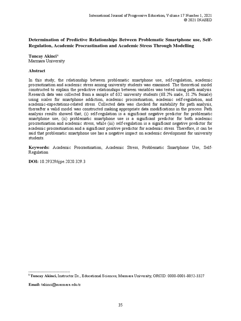 Determination of Predictive Relationships Between Problematic Smartphone Use, SelfRegulation ...