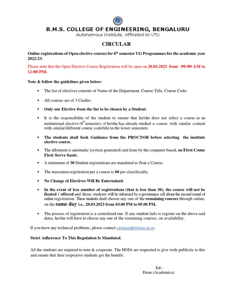Circular - Open Elective 6th Semester AY 2022-23 | PDF