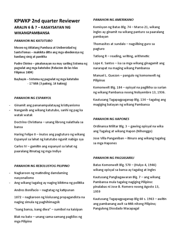 KPWKP 2nd Quarter Reviewer: Aralin 6 & 7 - Kasaysayan NG Wikangpambansa | PDF