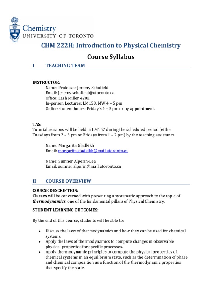CHM222H1 - Course Syllabus - Fall 2021 - University of Toronto | PDF ...