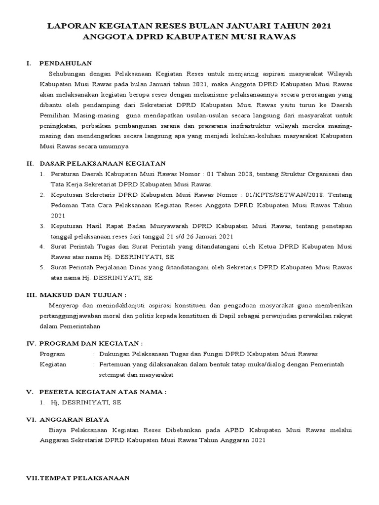 LAPORAN KEGIATAN RESES BULAN JANUARI TAHUN 2021 - Buk Des | PDF