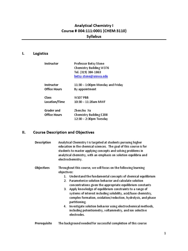 Analytical Chemistry I Syllabus | PDF | Academic Dishonesty ...