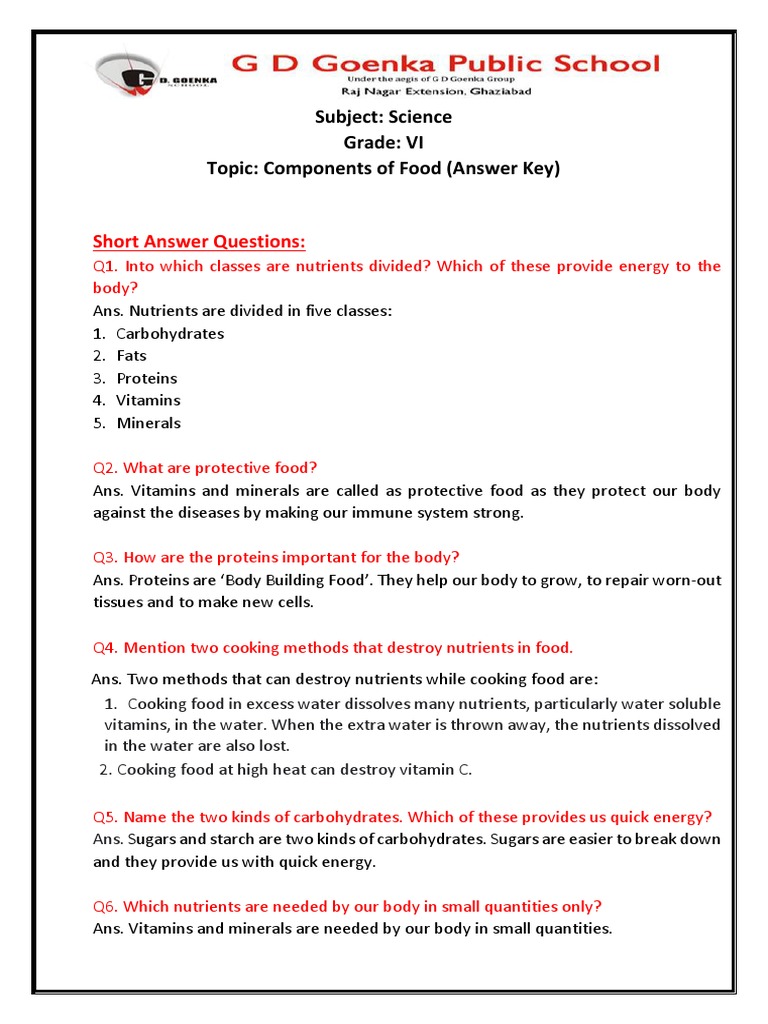 Subject: Science Grade: VI Topic: Components of Food (Answer Key) | PDF ...