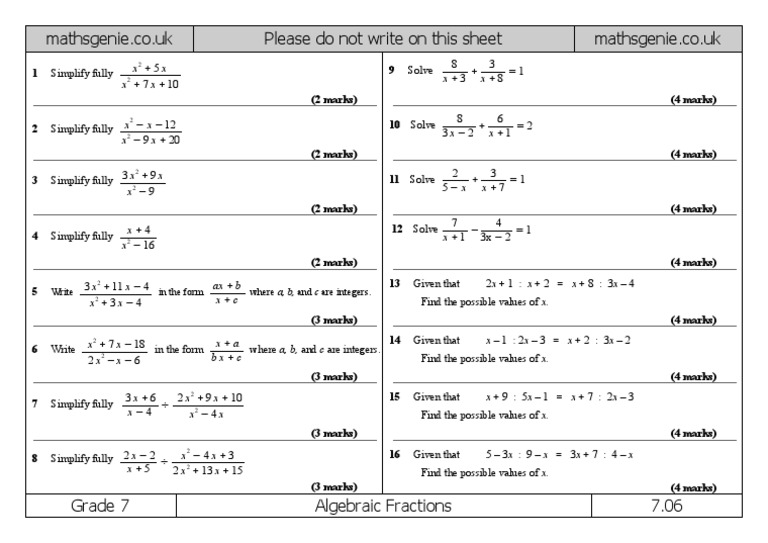 7-Algebraic-Fractions-Ws 6 | PDF | Mathematics | Algebra