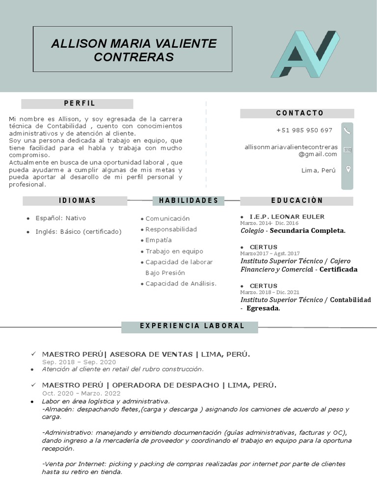 CURRICULUM VITAE - ALLISON VALIENTE OFICIAL Oki Oficial | PDF | Perú | Business