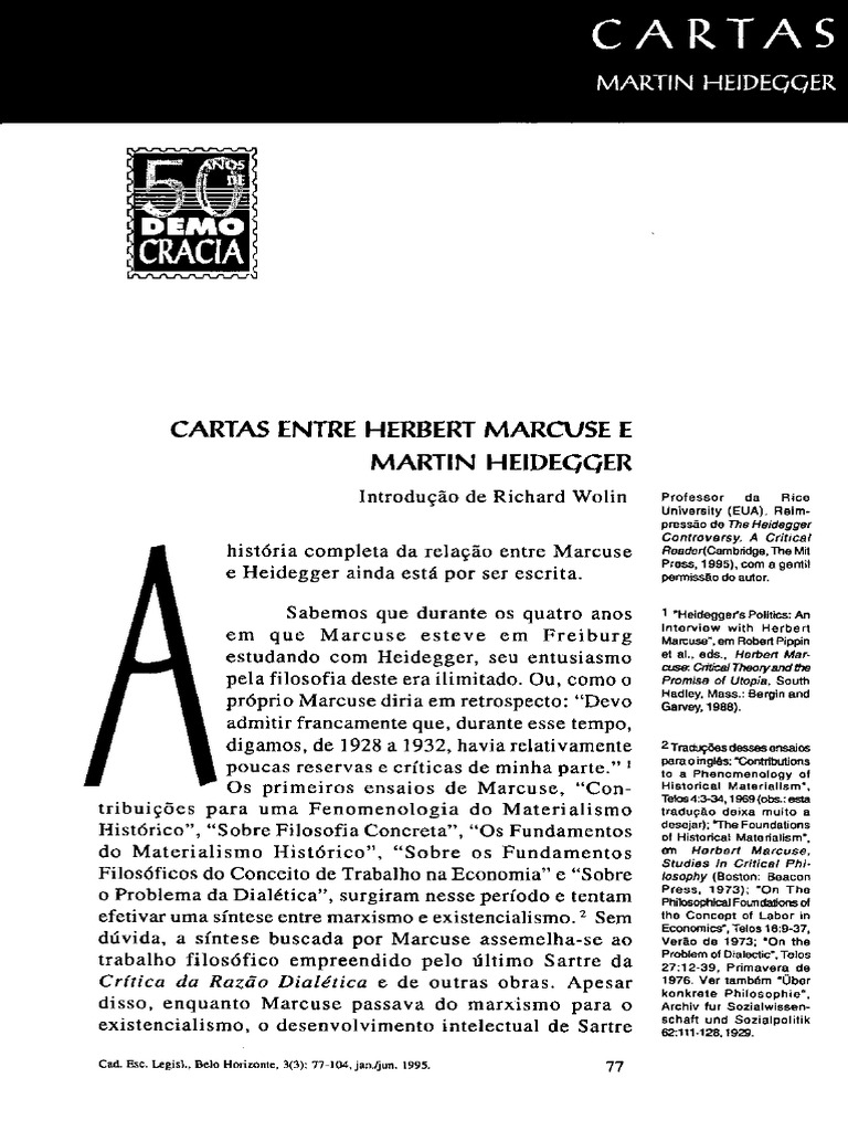 As Cartas Entre Macuse e Heidegger - Introdução de Richard Wolin | PDF ...