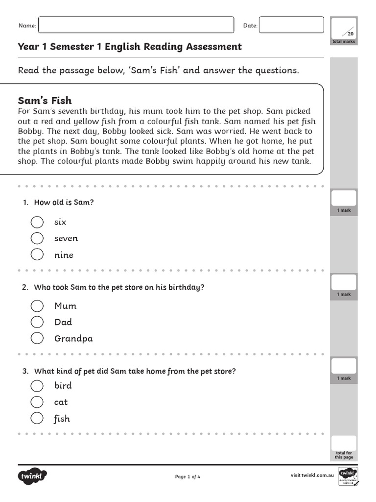 Au L 1654256983 Year 1 Semester 1 English Reading Assessment - Ver - 2 ...