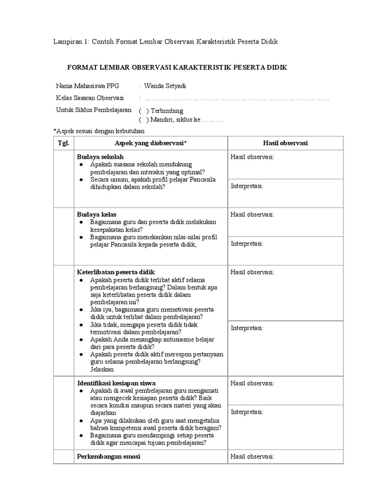 Lampiran 1 - Contoh Format Lembar Observasi Karakteristik Peserta Didik ...