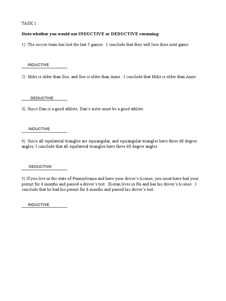 Inductive V Deductive Exercises | PDF