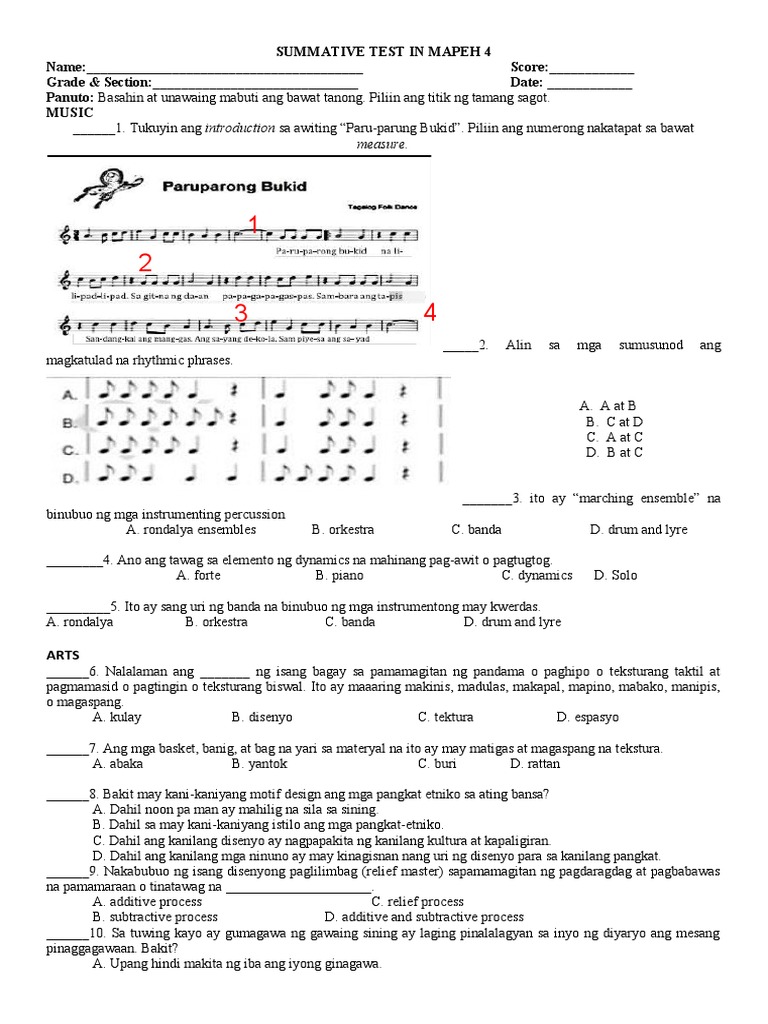 Summative Test in Mapeh4 Quarter 3 | PDF