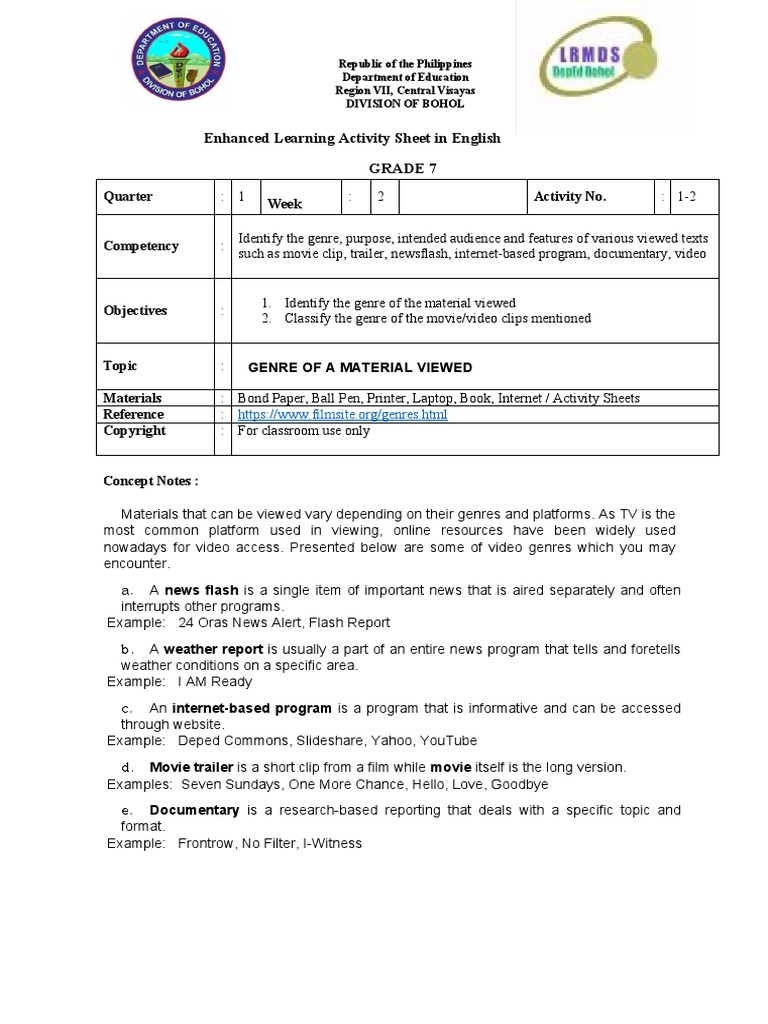 ENHANCED ENGLISH7 - Q1 - LAS - Wk2 | PDF | Action Films | Horror Films