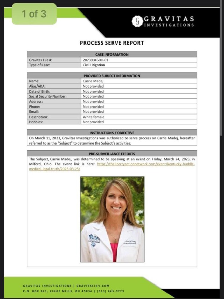 Bennun v. Carrie Lynn Madej, Process Serve Report by Gravitas Investigations (Kings Mills, OH ...