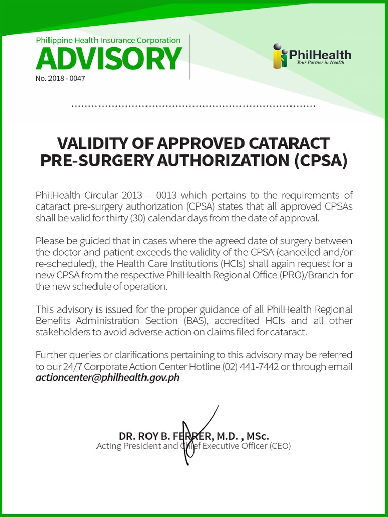 Validity of Approved Cataract Pre-Surgery Authorization (Cpsa) | PDF