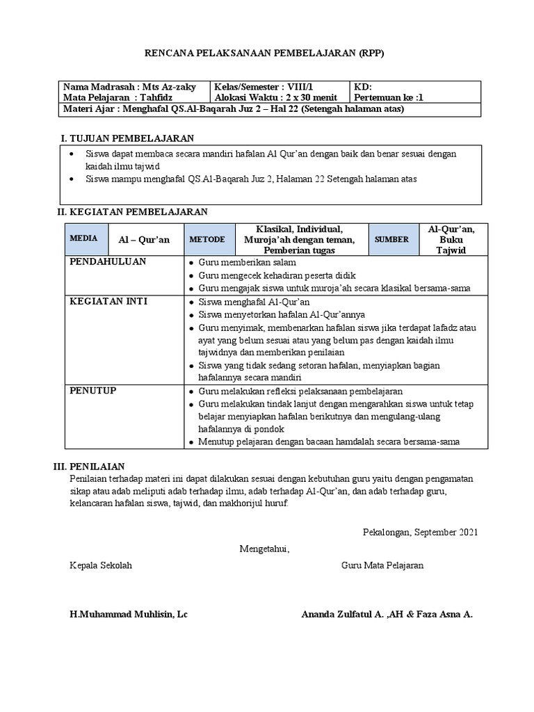 RPP Tahfidz 1 Lembar | PDF