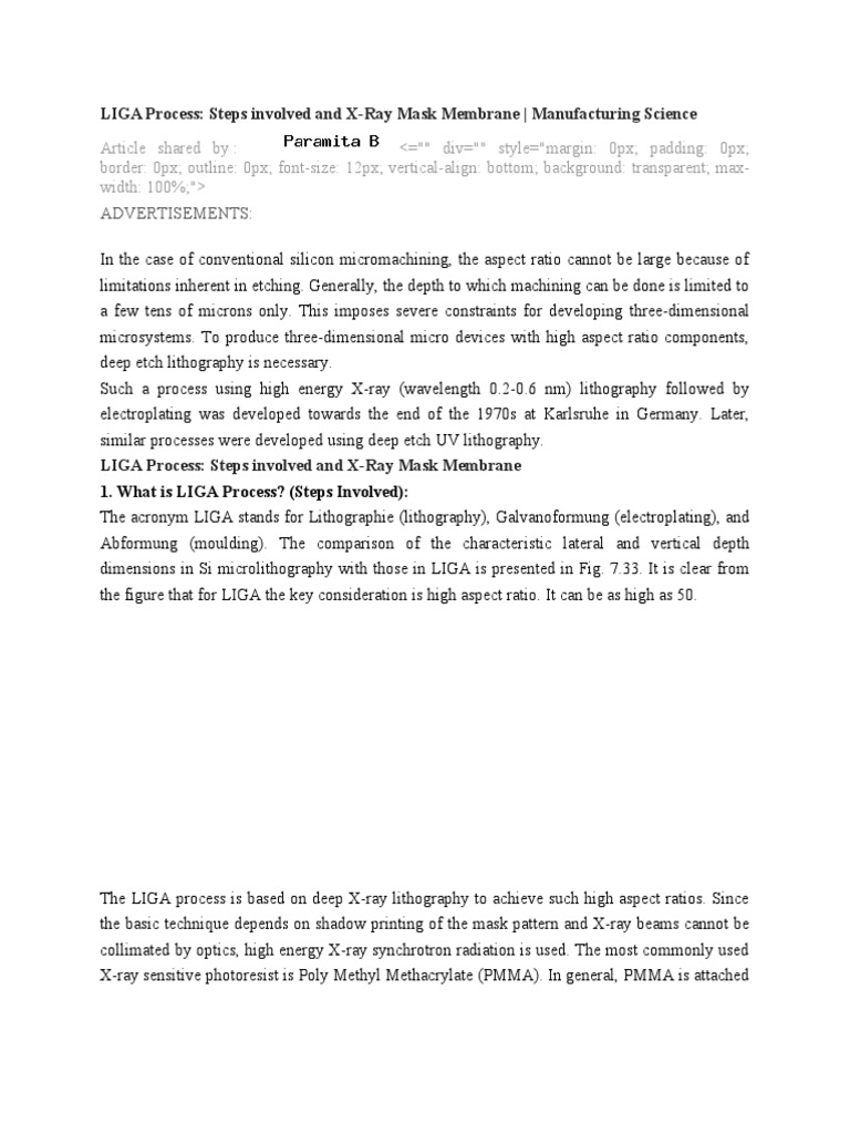 LIGA Process | PDF | Photolithography | Optics