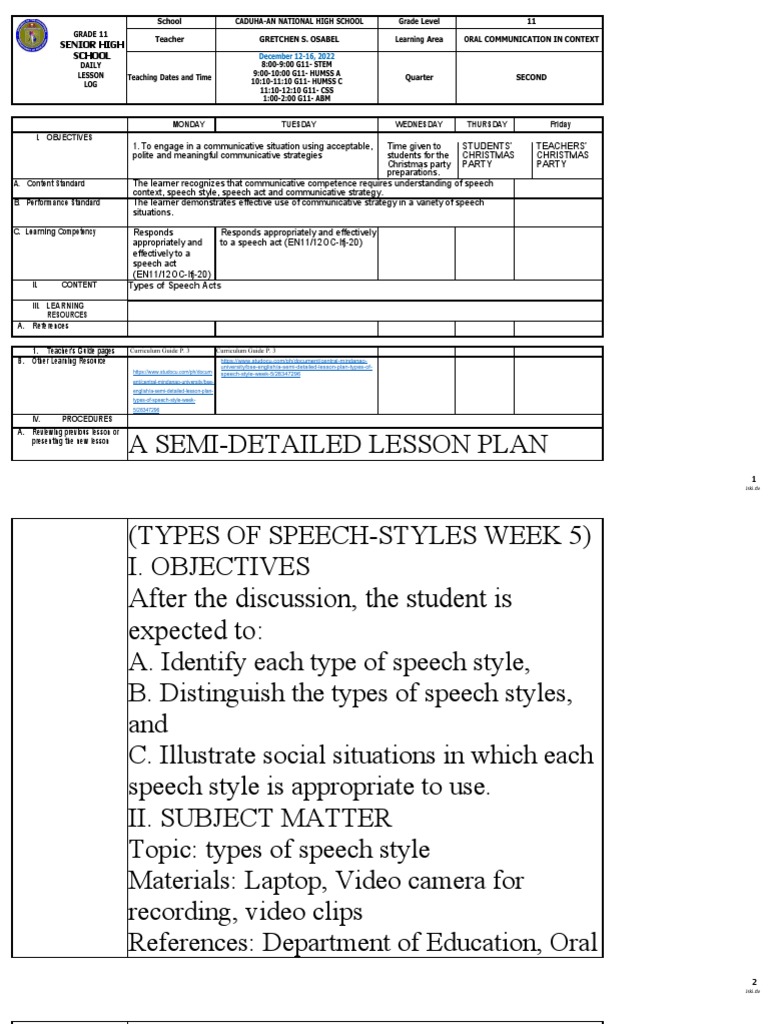 A Semi-Detailed Lesson Plan: Senior High School | PDF | Cognition ...