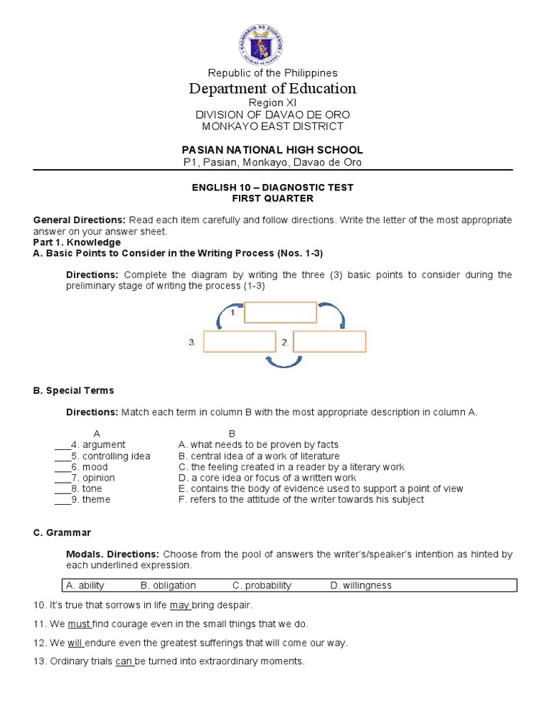 English 10 Diagnostic Test Overview | PDF | Pronoun